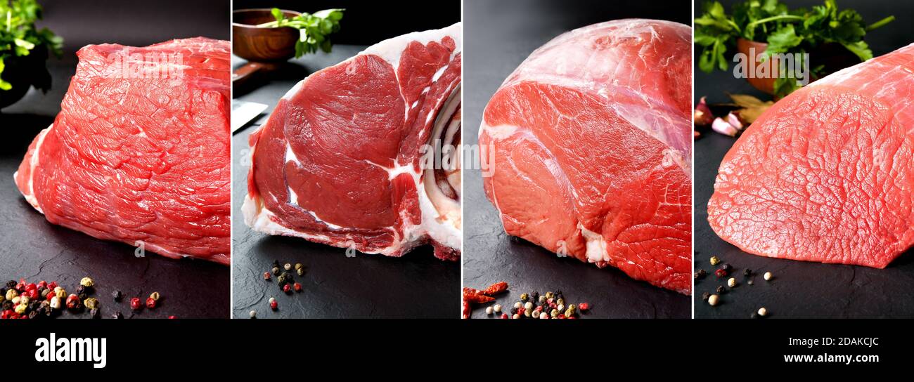 Round veal and beef steak on a black background. Delicious and tasty ...