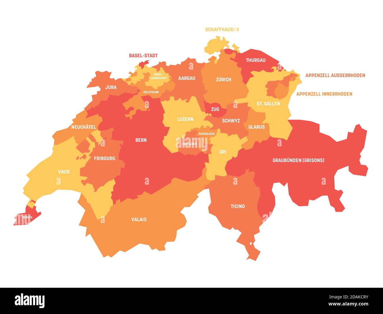 Orange political map of Switzerland. Administrative divisions - cantons ...
