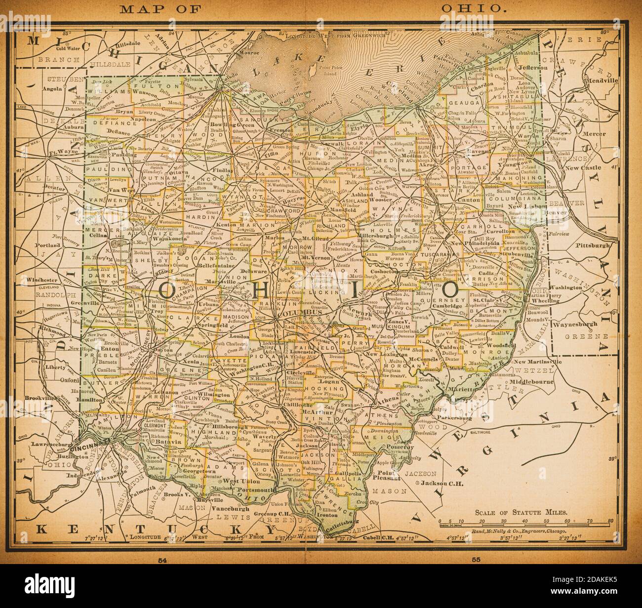 19th century map of Ohio. Published in New Dollar Atlas of the United ...