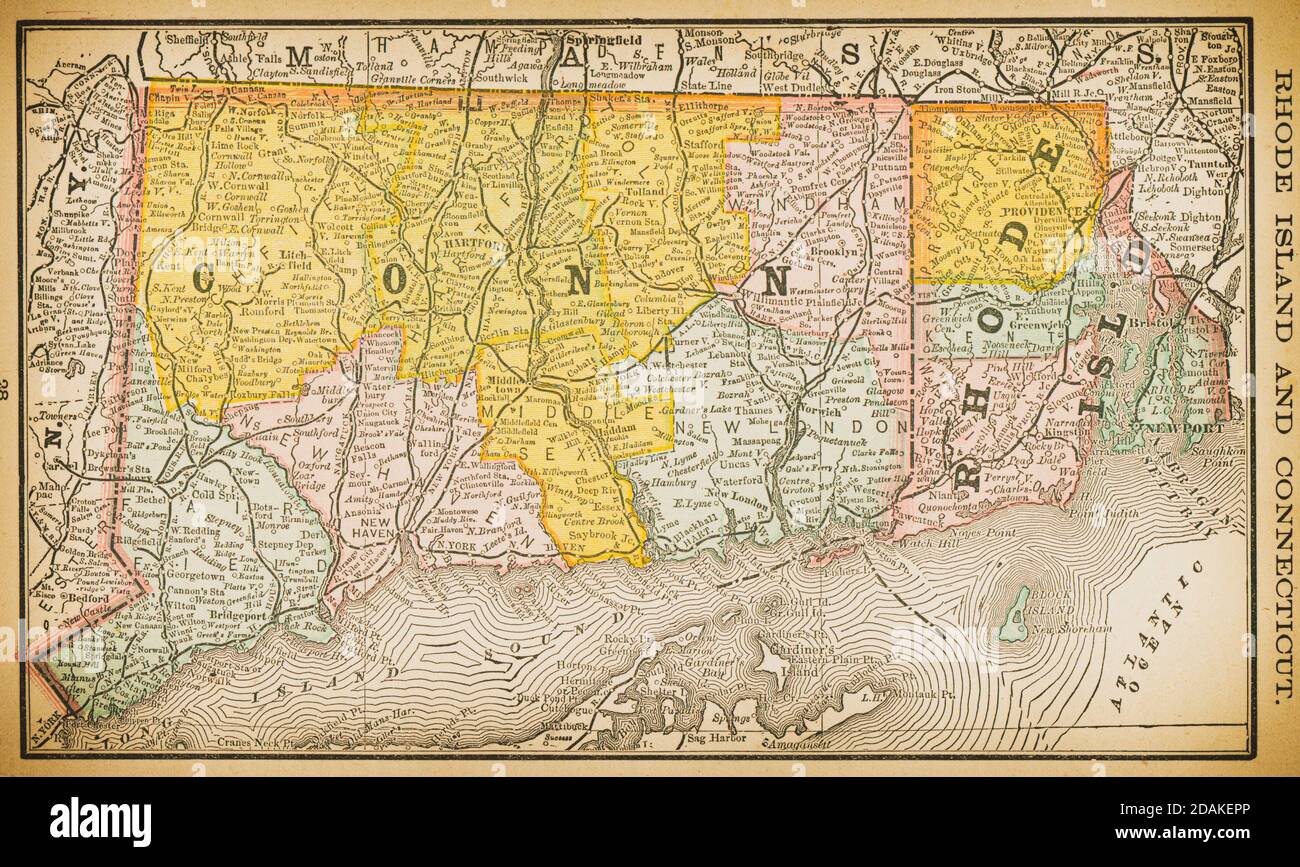 19th century map of Rhode island and Connecticut. Published in New ...