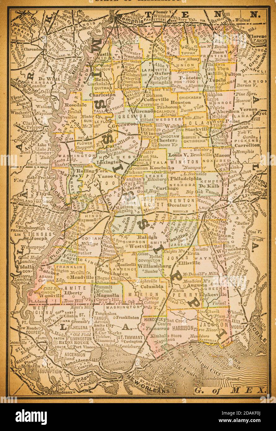 19th century map of Missisippi. Published in New Dollar Atlas of the ...