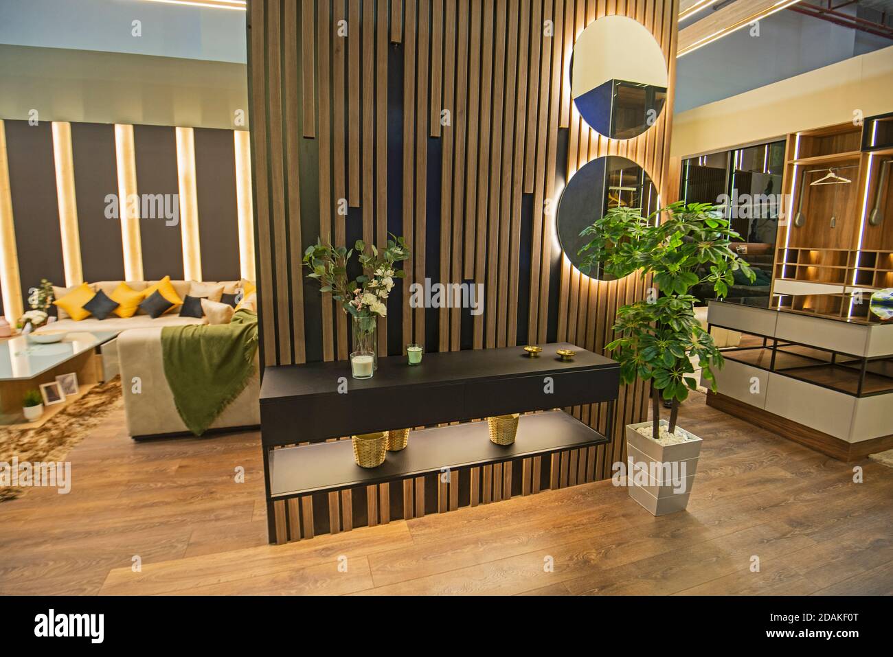 Living room lounge area in luxury apartment show home showing open plan ...