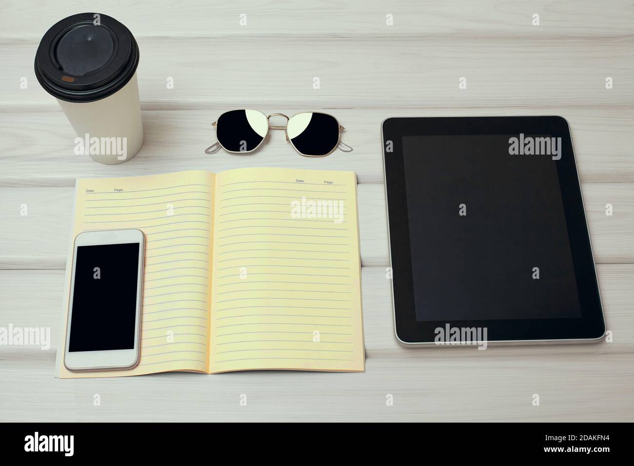 Perfect Minimal Work Desk with Tablet, Smartphone, Note and Coffee. Office Freelancer Table ...
