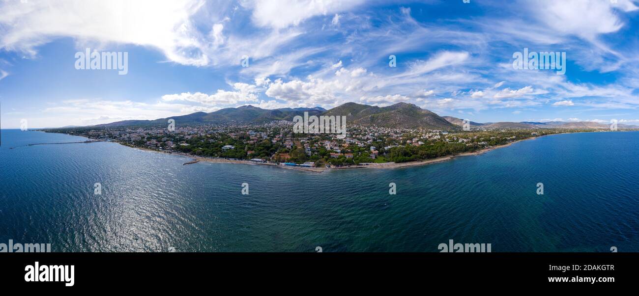 Nea Makri, Greece panoramic view. Mediterranean calm sea surrounds the ...