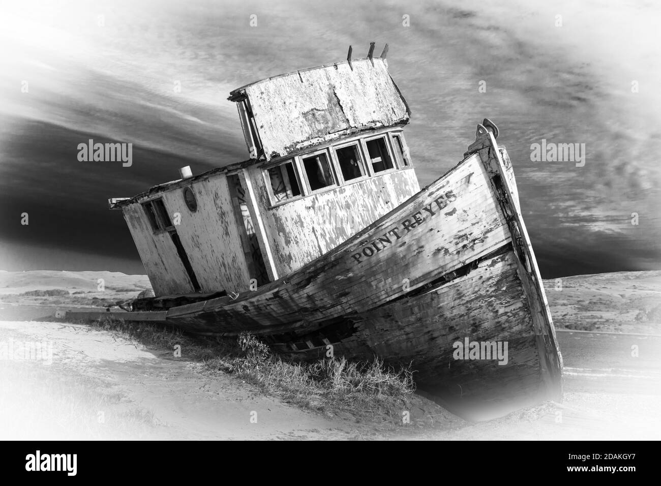 The shipwrecked S.S. Point Reyes at Inverness, CA. Dramatic sky, sun ...