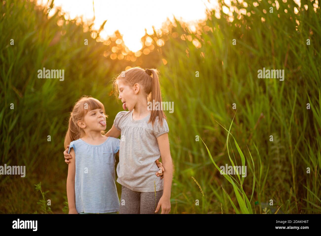 Two kid girls sisters having fun together at park, showing tongue to ...