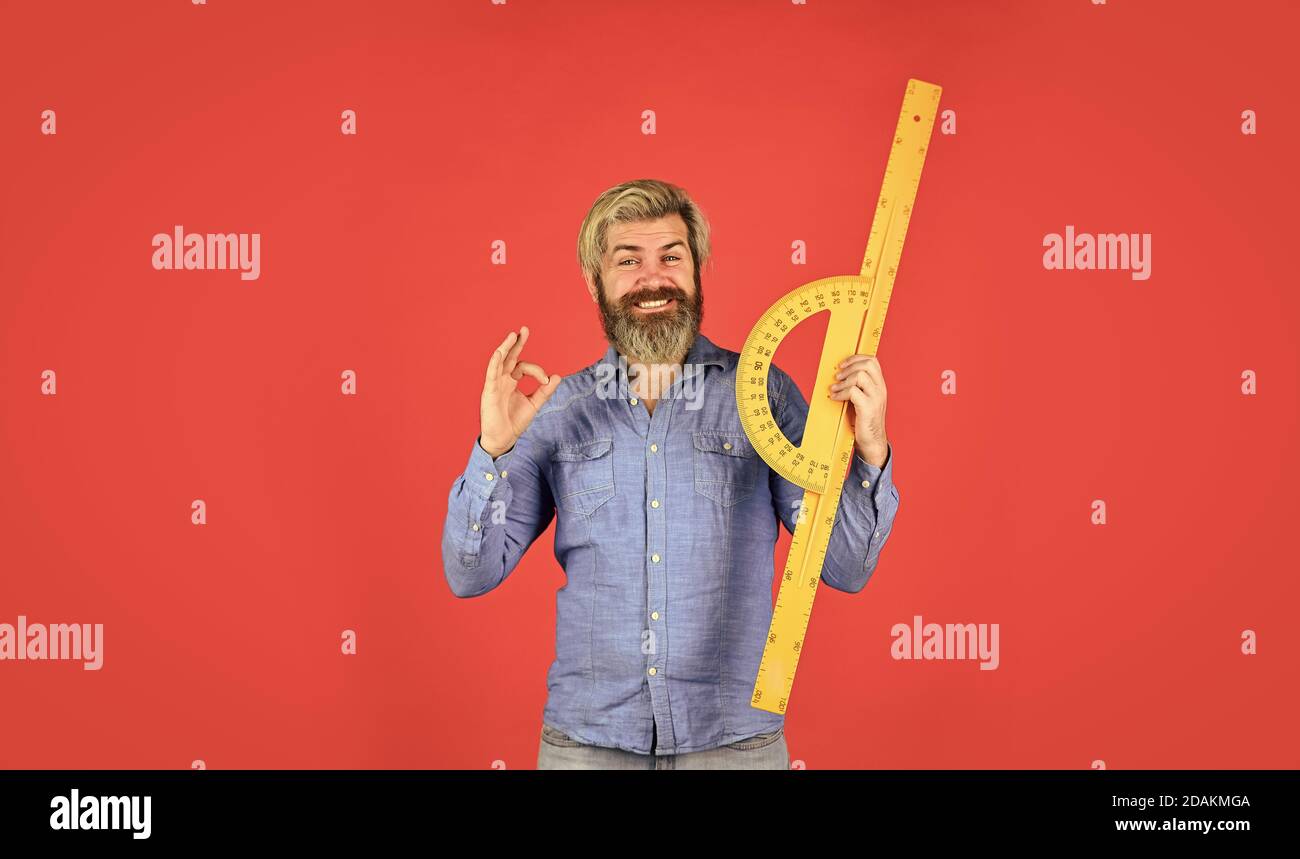 Long or short. Bearded man use ruler. Education concept. Study hard ...