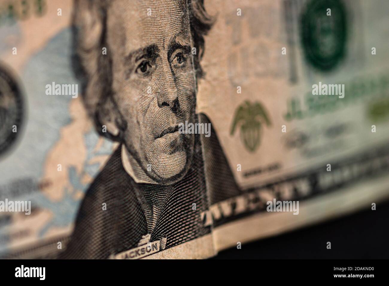 Selective focus on detail of 20 dollars banknote. Close up macro detail ...