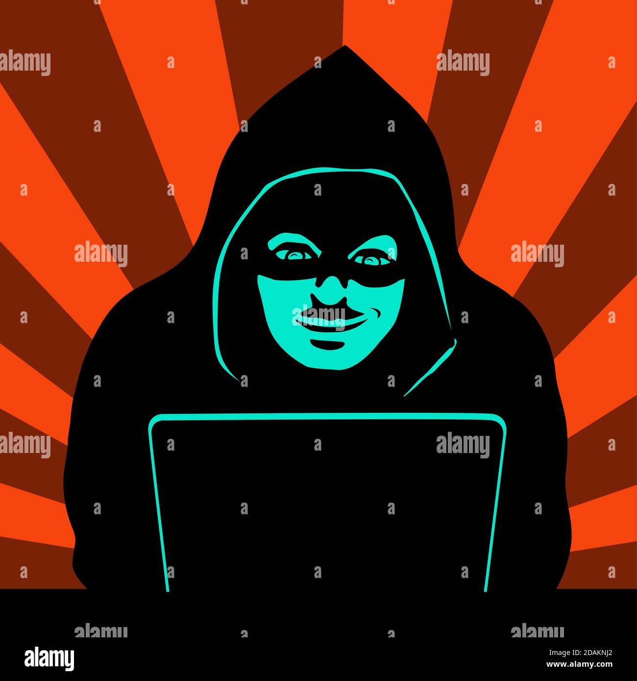 Male hacker at a laptop. Black silhouette with a closed face. Cyber ...