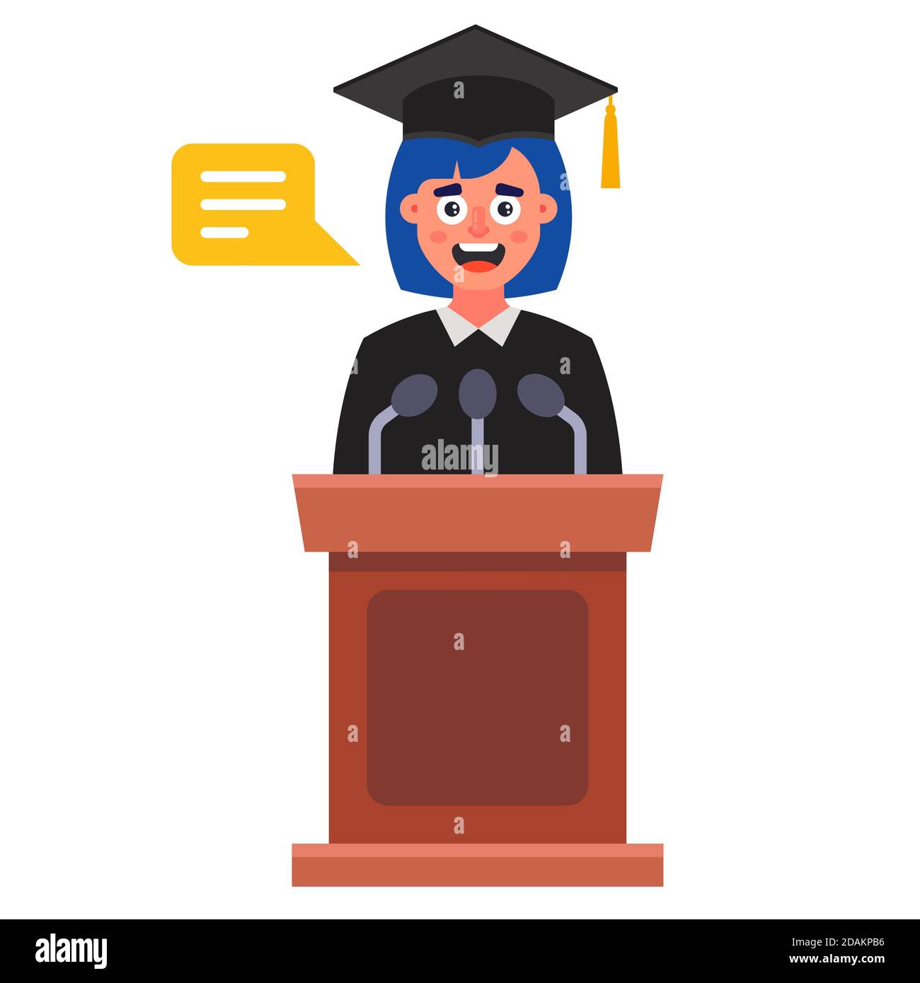 the girl says a farewell speech at her graduation. flat vector ...