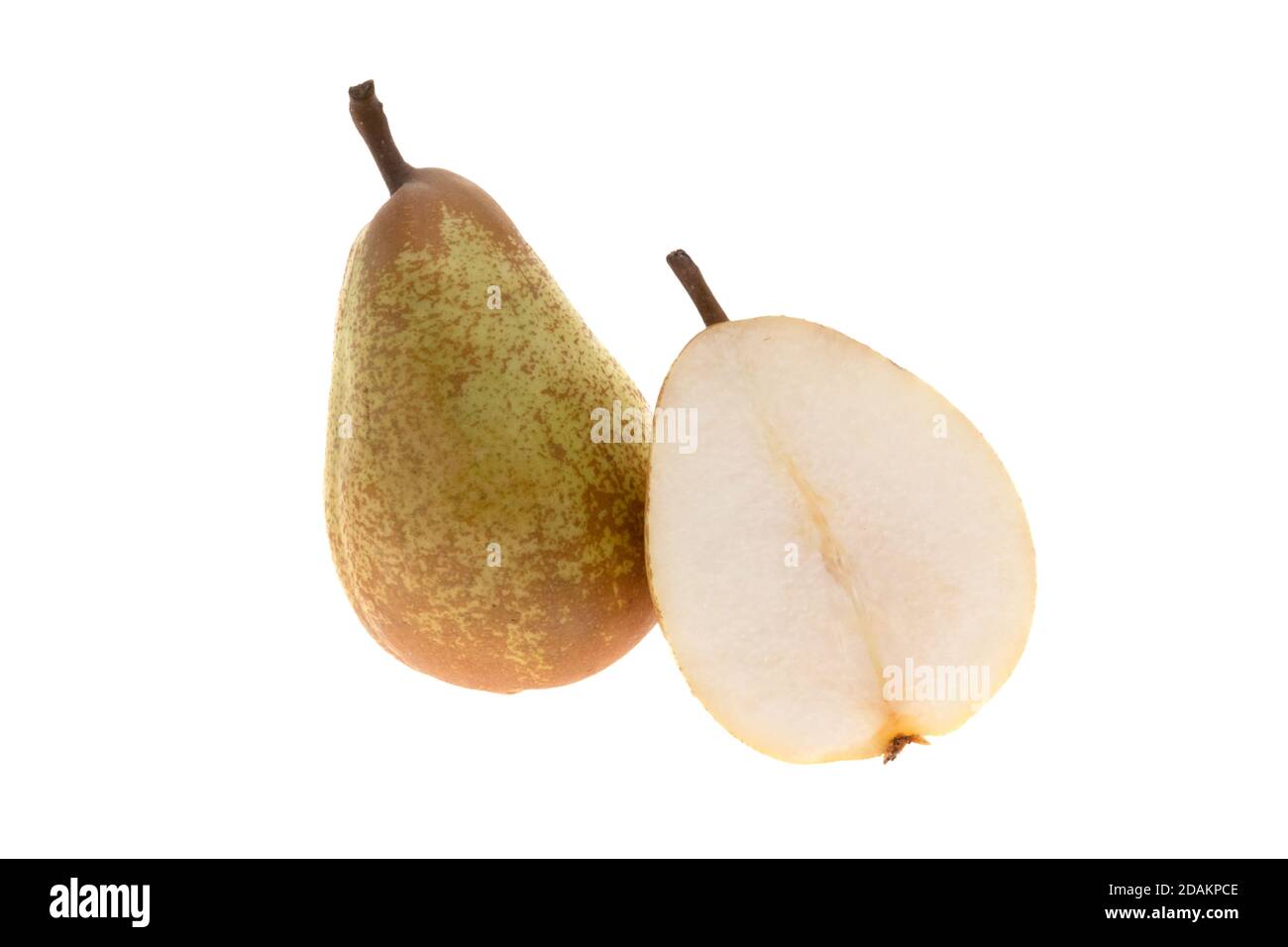 Fresh pear, whole and a half - white background Stock Photo - Alamy