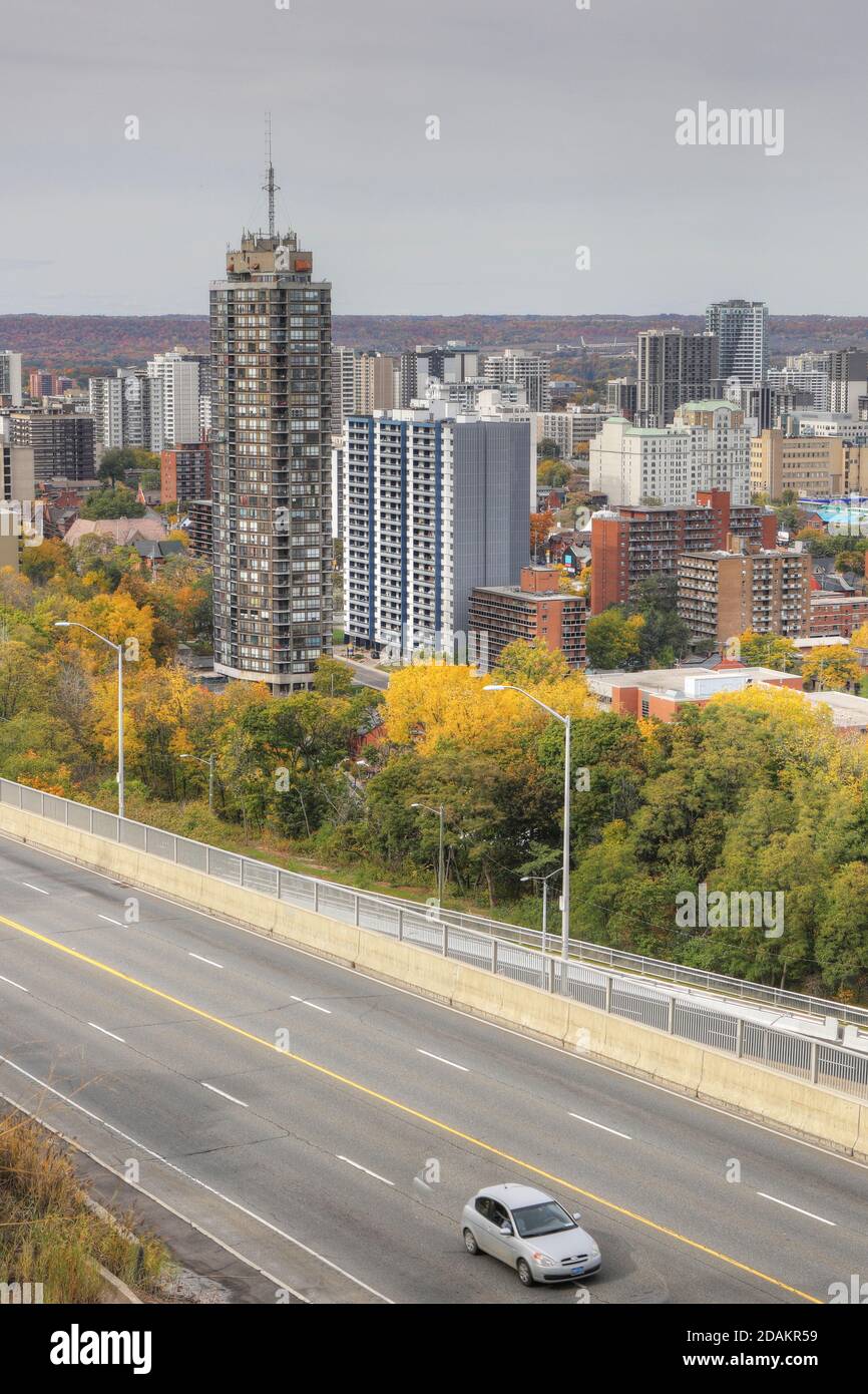 A Vertical of expressway and skyline of Hamilton, Ontario in autumn ...