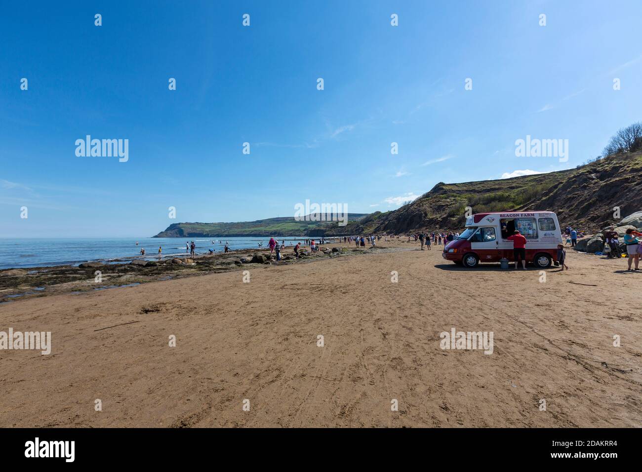 Beacon farm ice cream van on the beach, Robin Hood's Bay, small fishing ...
