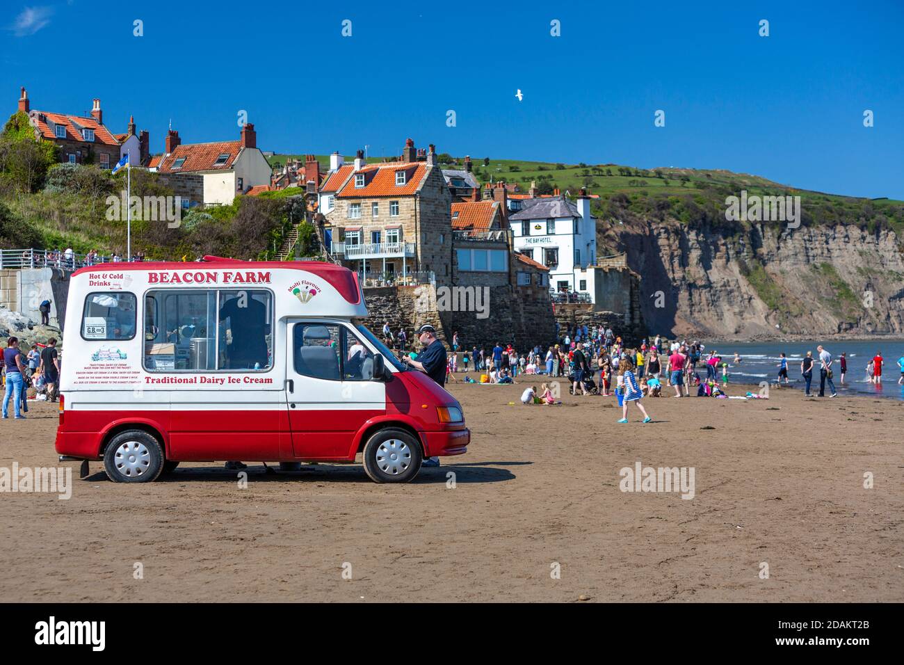 Beacon farm ice cream van on the beach, Robin Hood's Bay, small fishing ...
