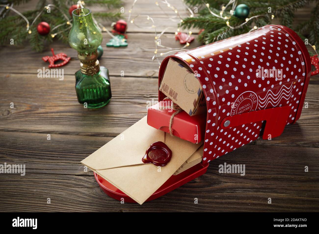 Santa Claus Christmas post on wooden background with Christmas tree ...
