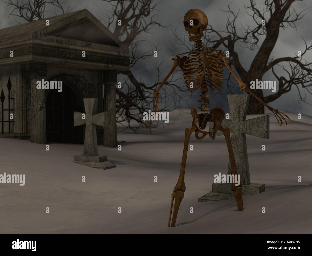 Walking skeleton in the spooky night near a crypt - 3d rendering Stock ...