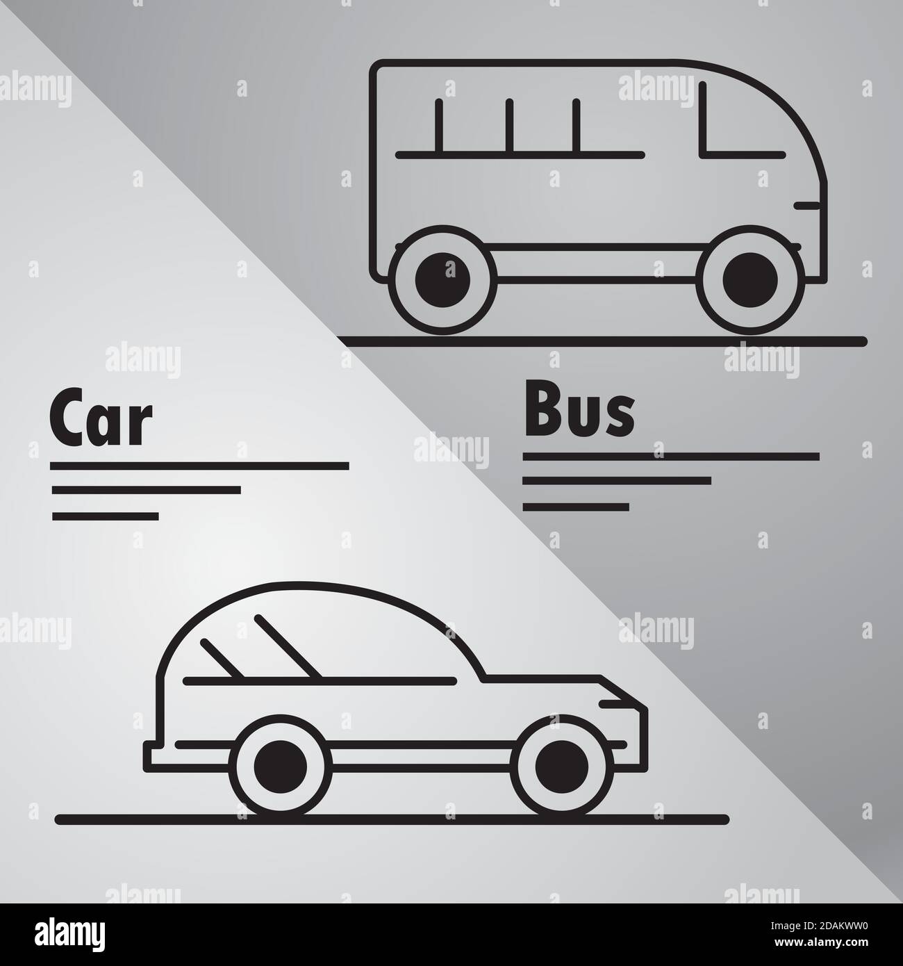 car and bus transport vehicle, side view line icon on gray background ...