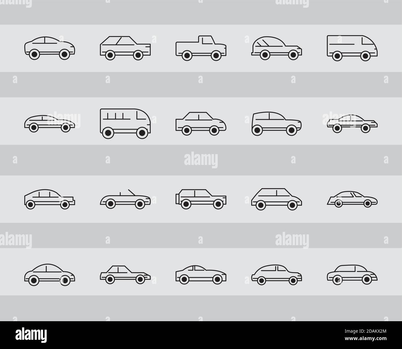 cars bus truck transport vehicle, side view line icon on gray ...