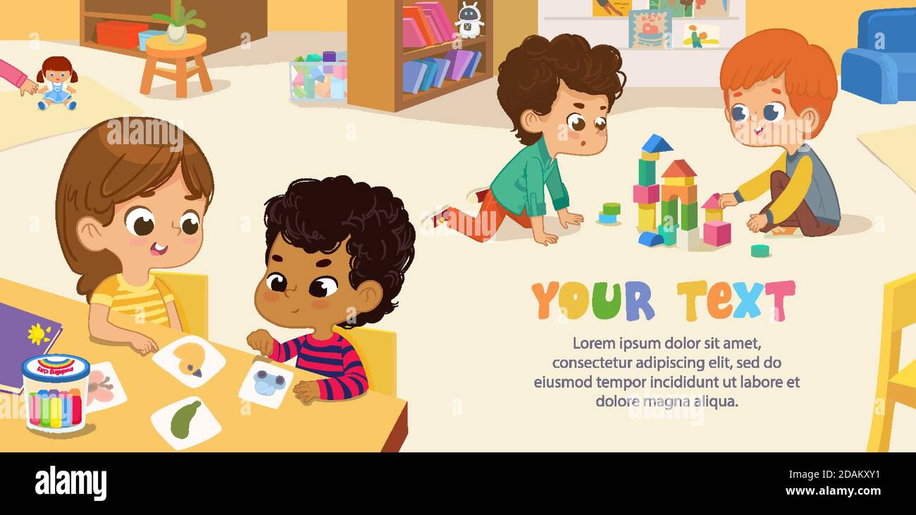 Preschool Class. Multicultural Kids play with bricks and educational ...