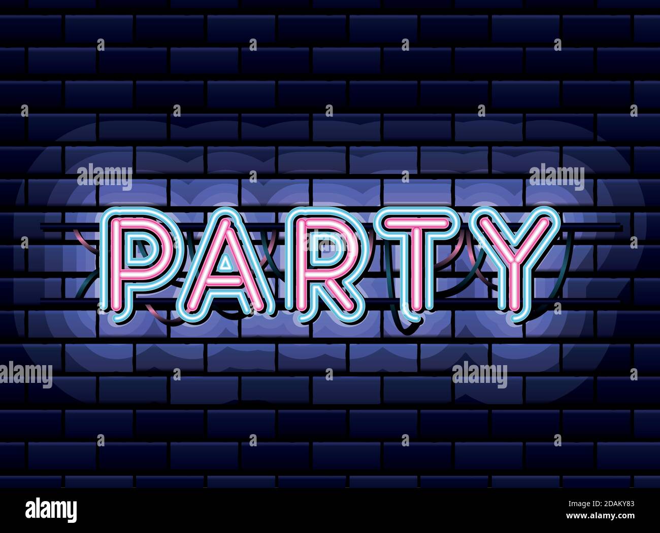 party lettering in neon font of pink and blue color on dark blue ...