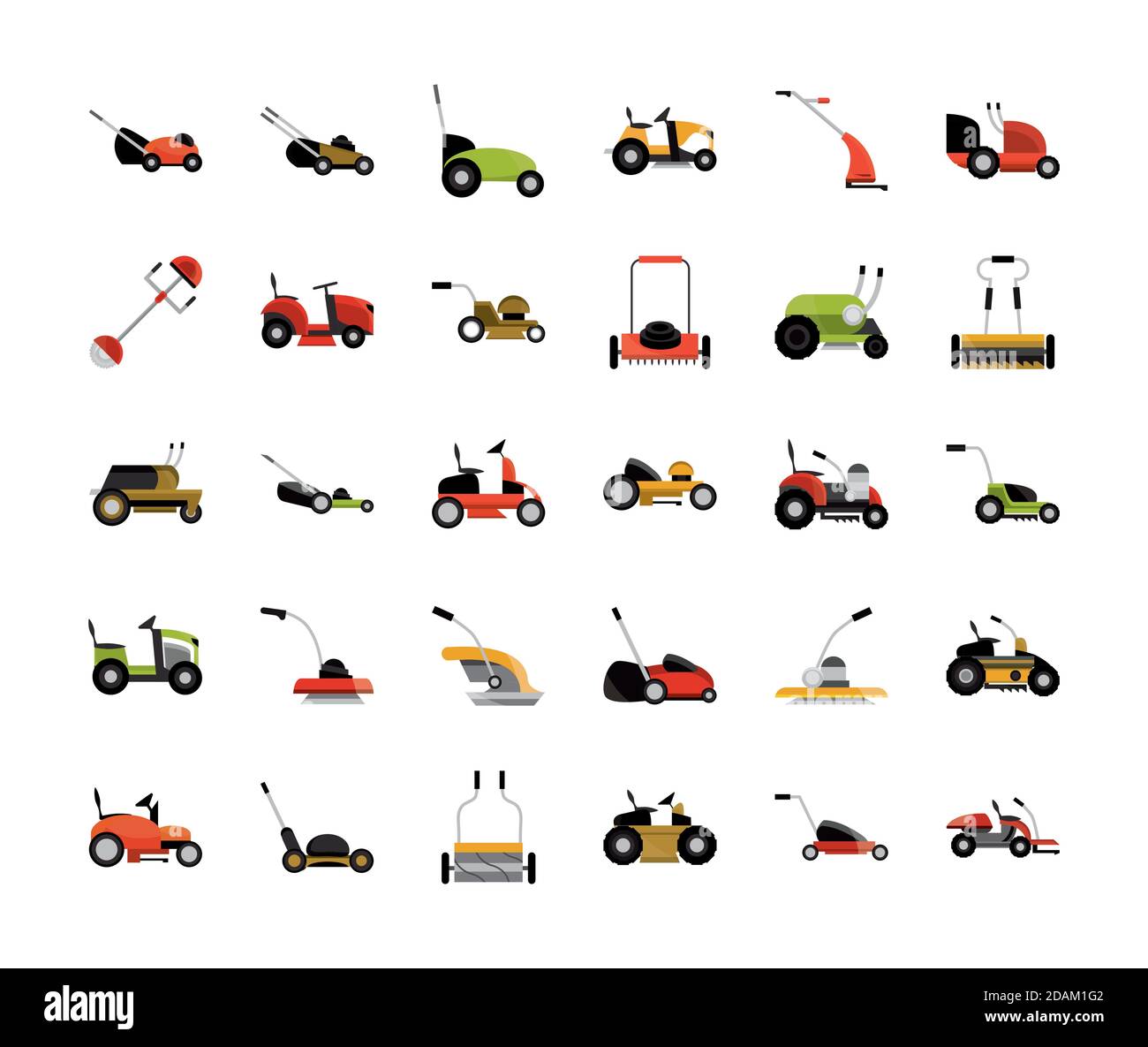 set of trimmer lawn mower tractor chainsaw and trolley vector ...