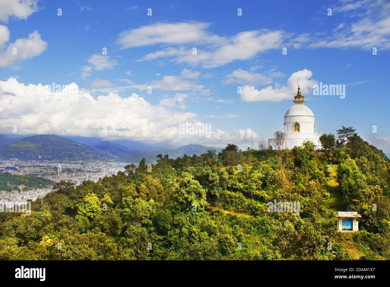 Shanti Stupa (World Peace Pagoda). View of Pokhara valley, Nepal Stock ...
