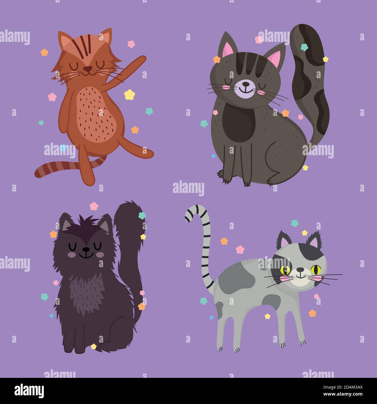 set of different cats pet animal cartoon violet background vector ...