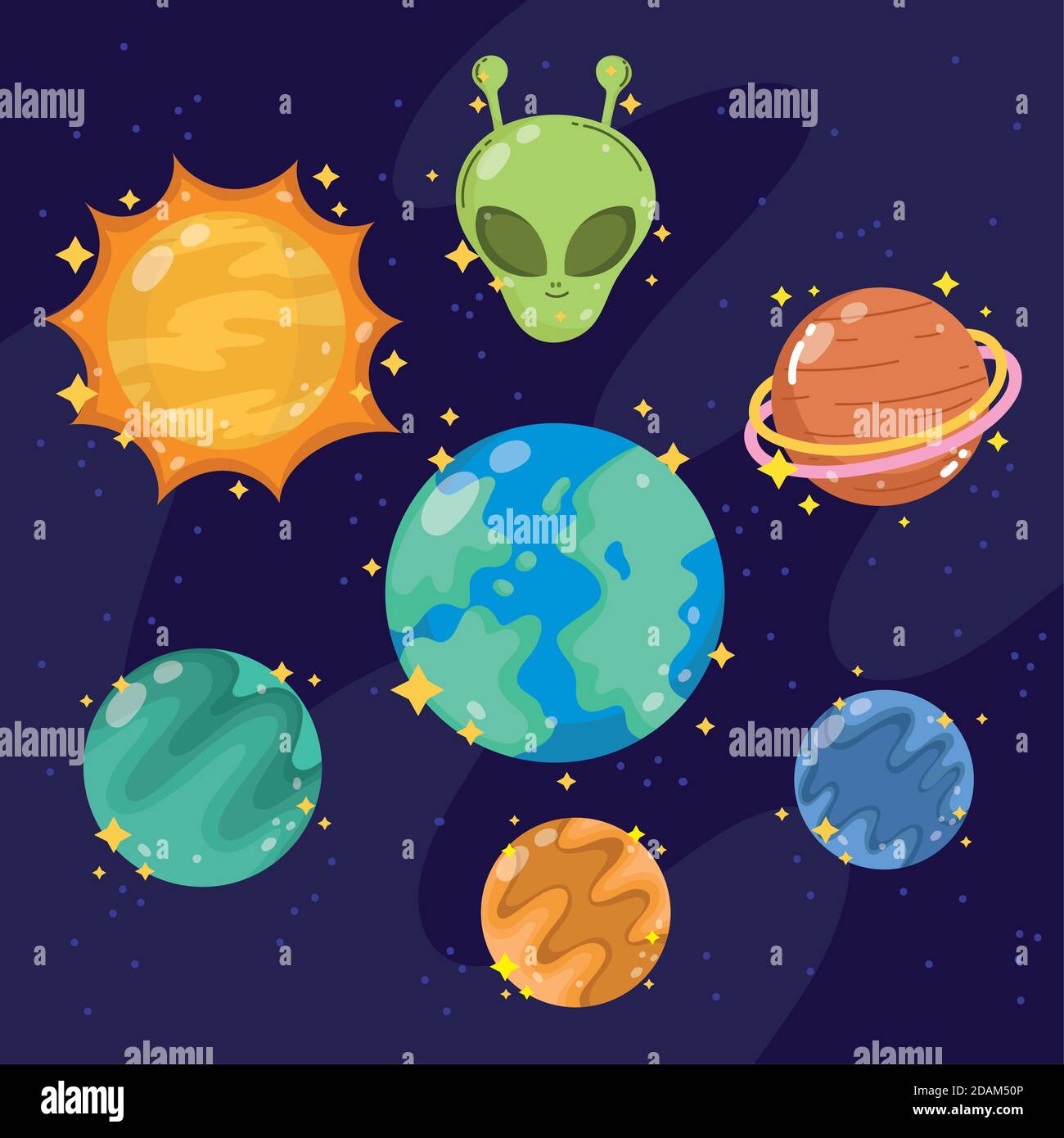 space galaxy astronomy in cartoon style set icons planet alien sun ...