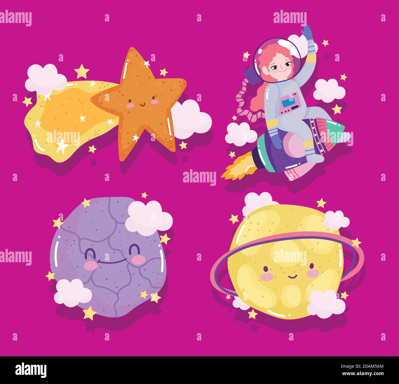 space adventure galaxy cartoon astronaut girl shooting star planets and ...