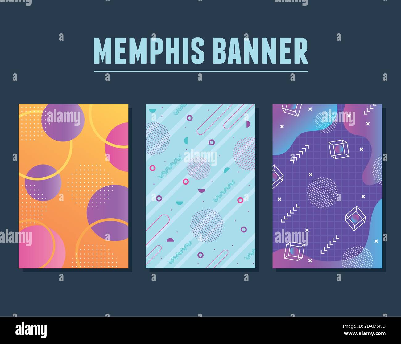 memphis style set with geometric shapes and banners vector illustration ...