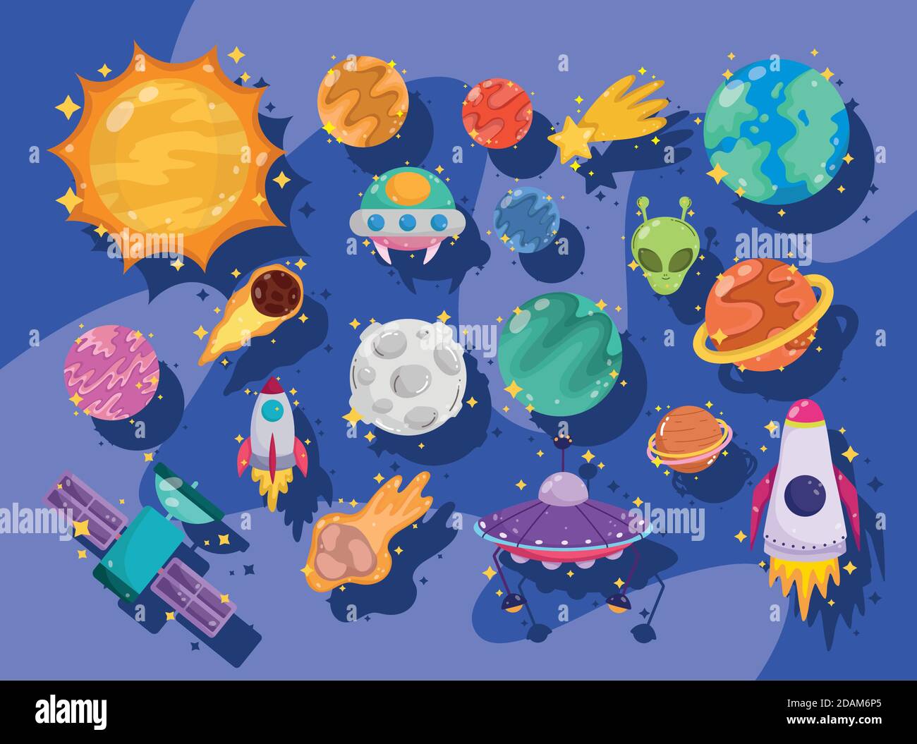 space galaxy astronomy in cartoon set icons include sun planet alien ...