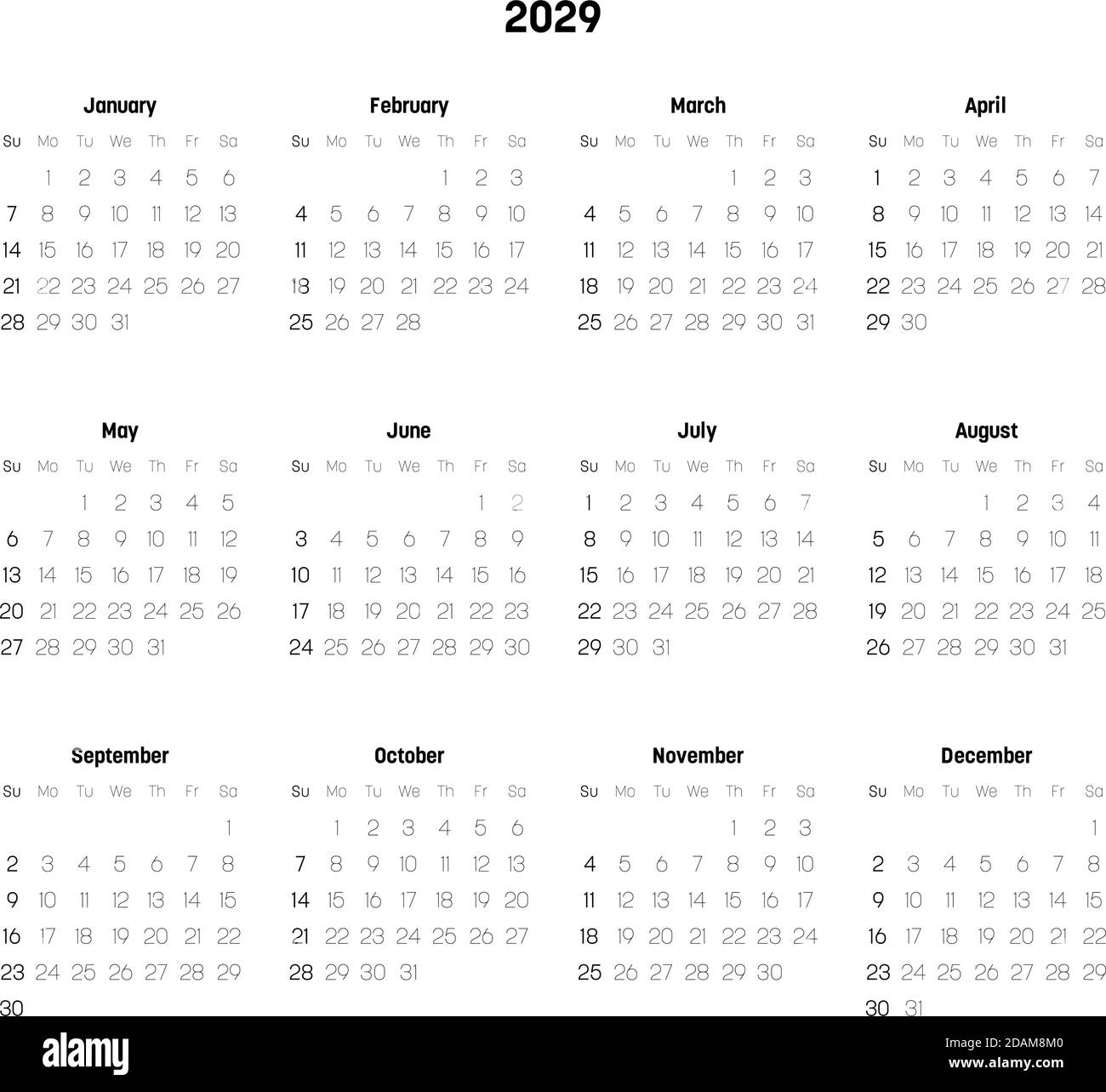Monthly calendar of year 2029. Week starts on Sunday. Block of months ...