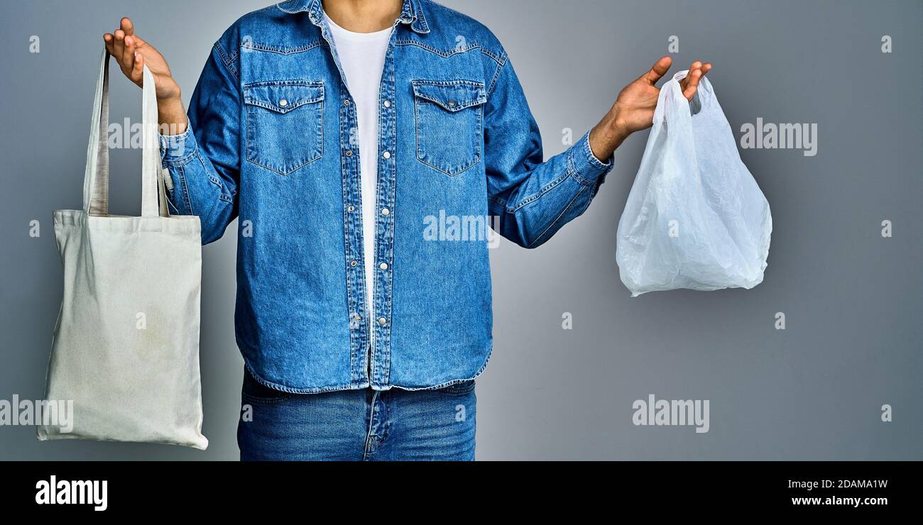 Waste free concept. Choice to use plastic bags or multi-use bags ...