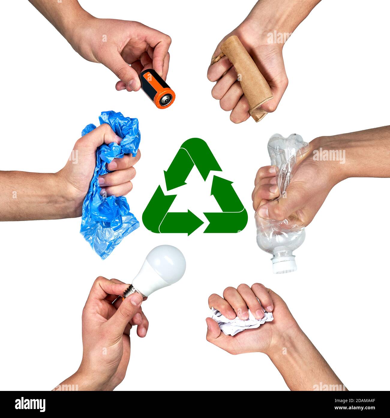 Hands hold trash on a gray background. The concept of separate trash ...
