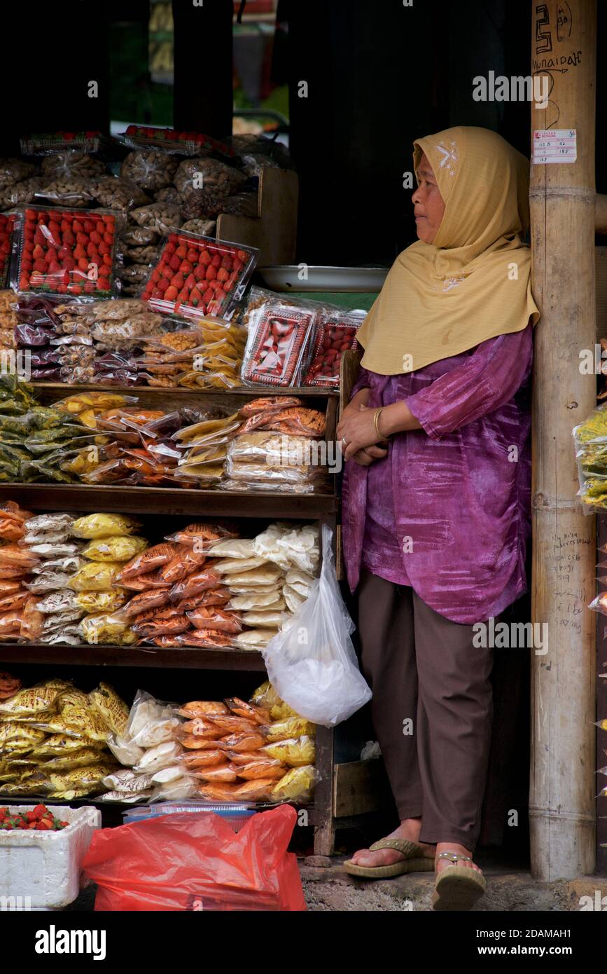 Balinese vendor and her roadside stall, Bedugul market, Bali, Indonesia ...