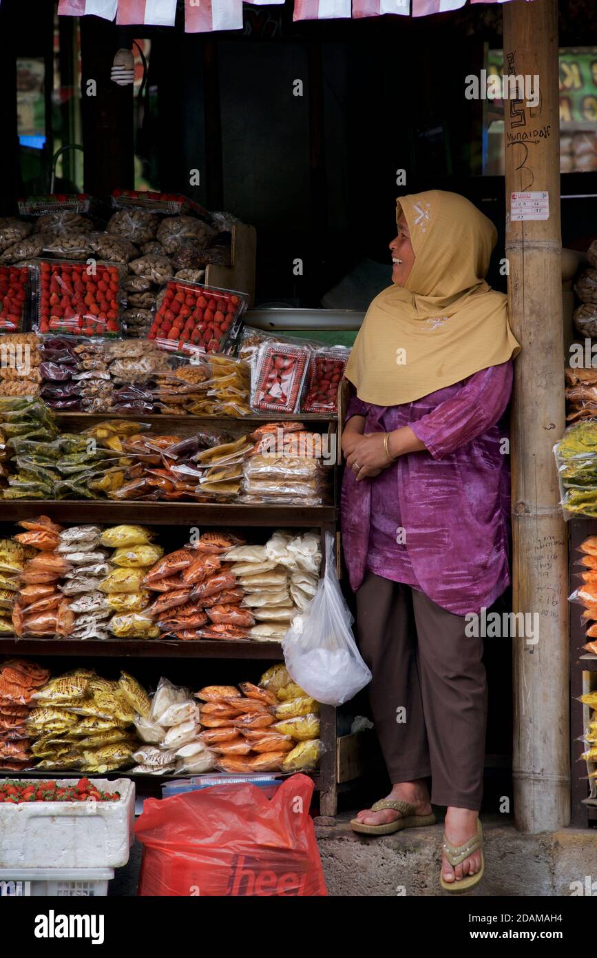 Balinese vendor and her roadside stall, Bedugul market, Bali, Indonesia ...