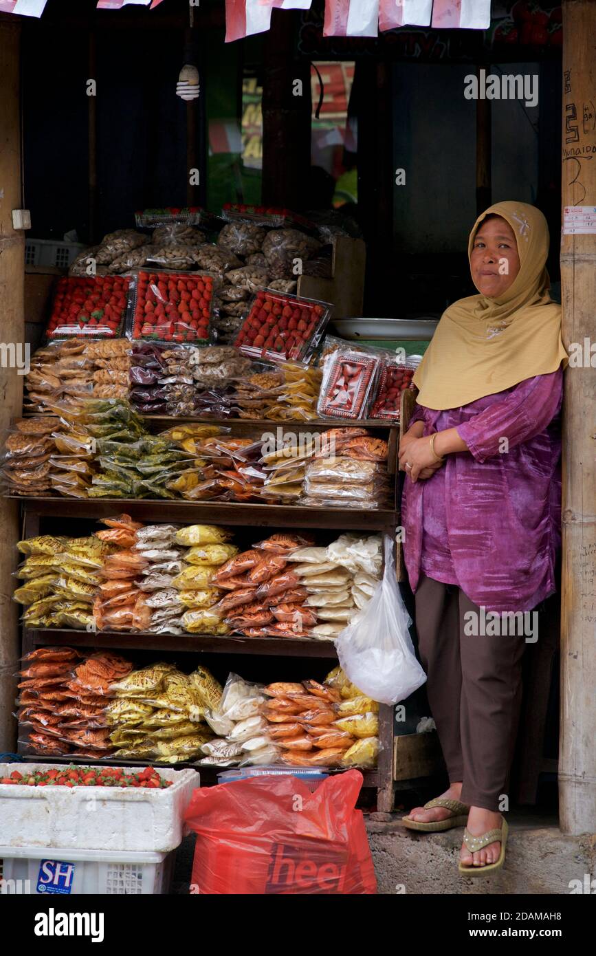 Balinese vendor and her roadside stall, Bedugul market, Bali, Indonesia ...