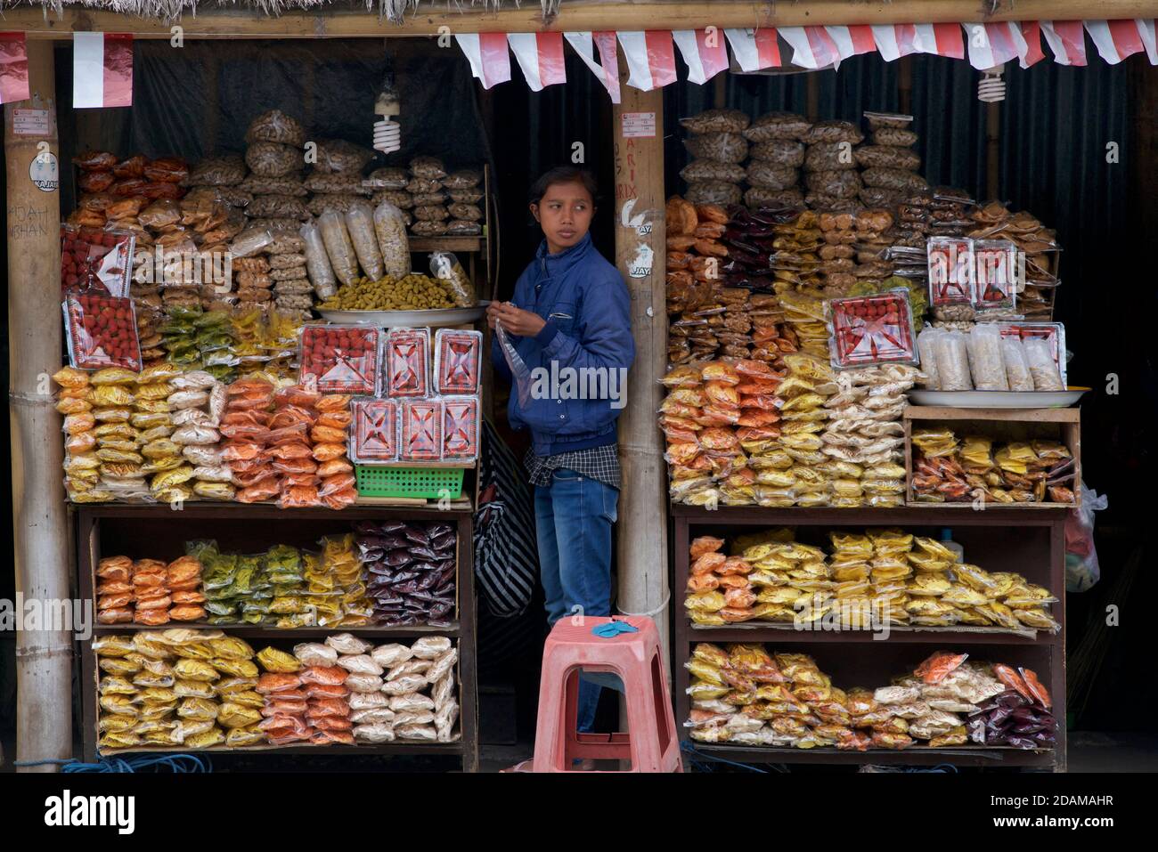 Balinese vendor and her roadside stall, Bedugul market, Bali, Indonesia ...