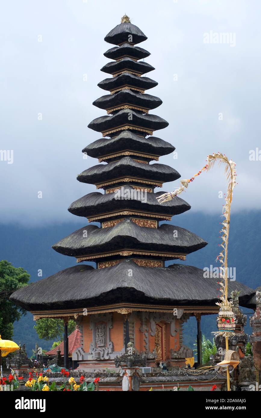 The pagoda-like Pelinggih Meru shrine of Pura Ulun Danu Bratan is a ...