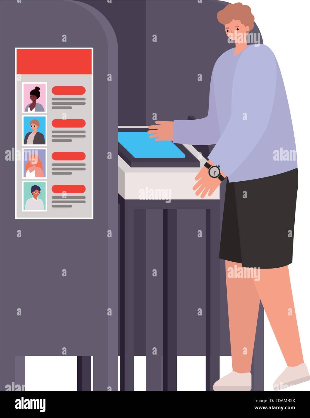 man voting with ligth brown hair and purple coat in gray voting booth ...