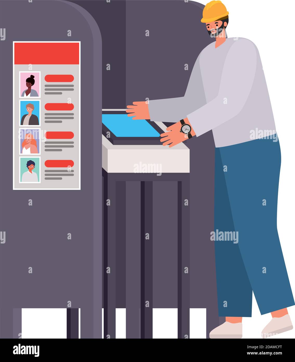 man voting with black hair and safety helmet in gray voting booth Stock ...