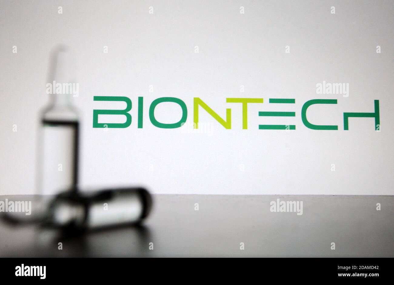 In this photo illustration ampules seen in front of the German biotechnology company Biontech ...