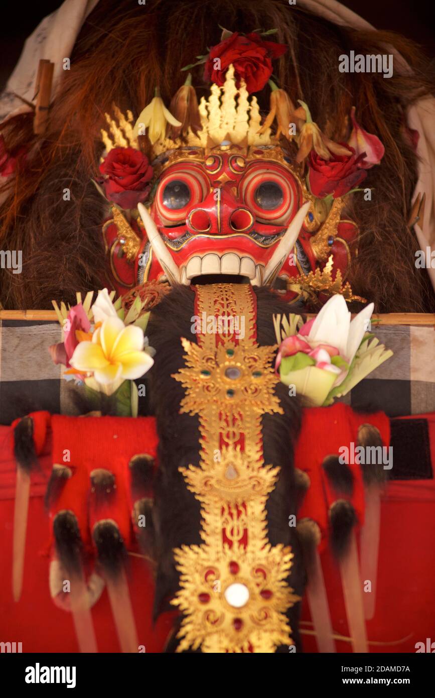 Rangda. Dance mask. In a temple structure waiting to be used for a ...