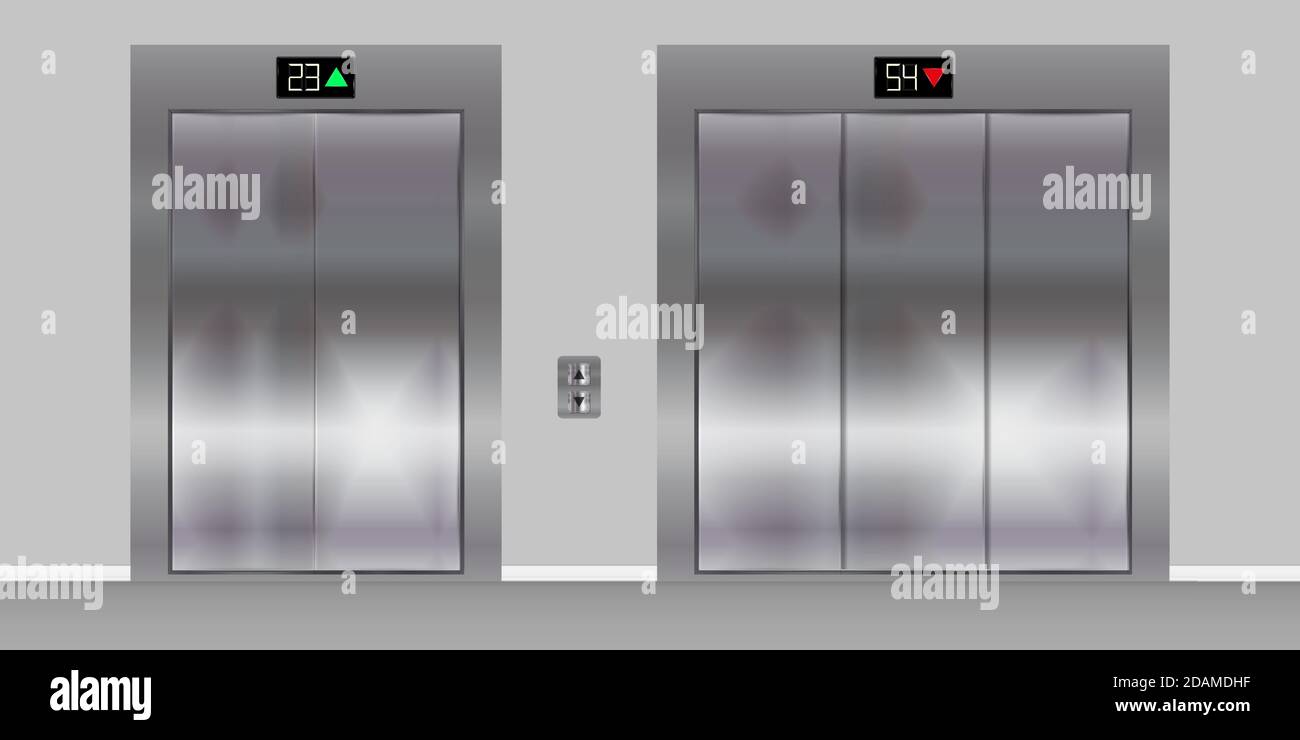 Passenger and cargo freight elevators with closed doors. Realistic ...