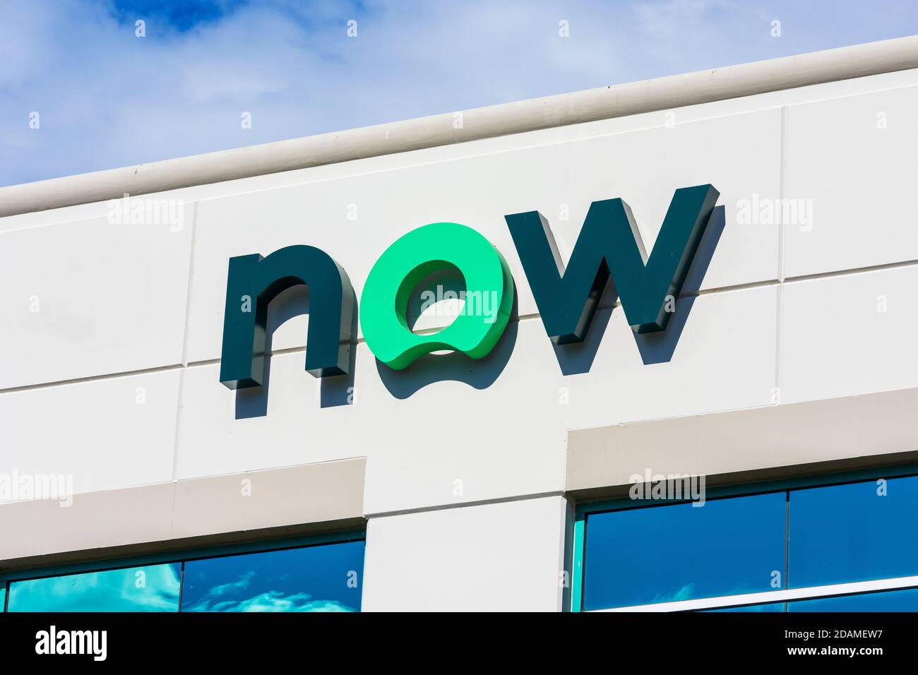 Now logo atop of ServiceNow cloud computing company global headquarters ...