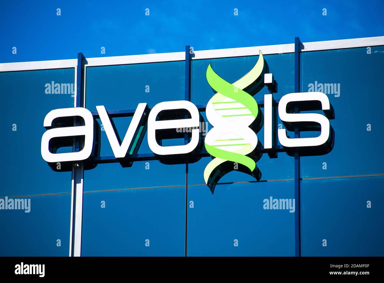 AveXis sign logo on headquarters. AveXis is a biotechnology company ...