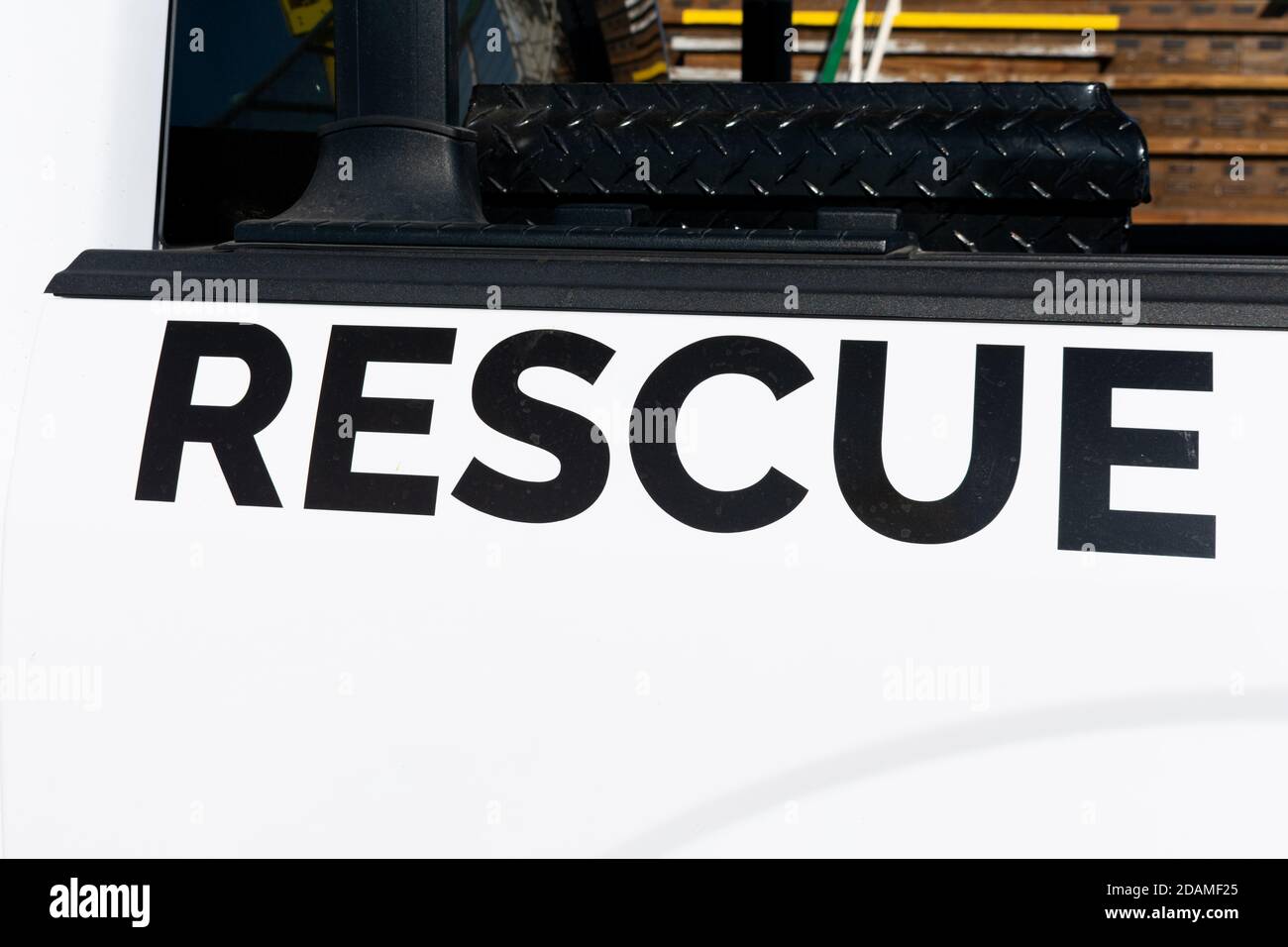 Rescue text on the white side of a specialised vehicle used in ...