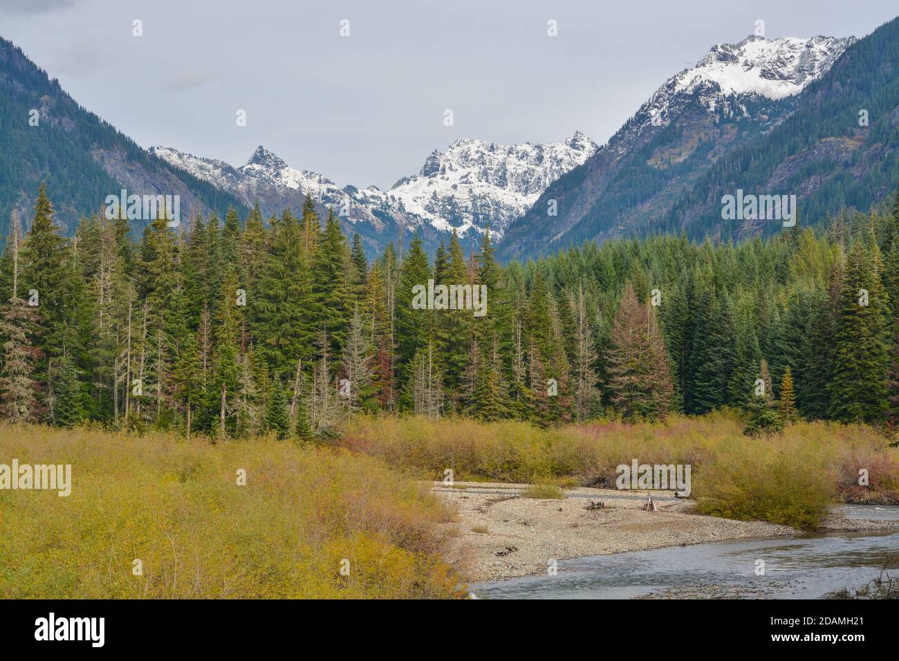 Beautiful snow capped, Cascade Mountains in the Pacific Northwest of ...