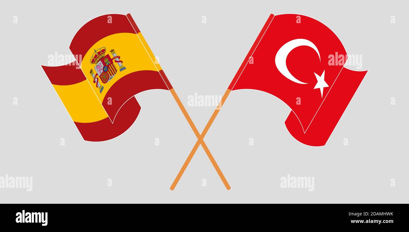 Crossed and waving flags of Turkey and Spain. Vector illustration Stock ...
