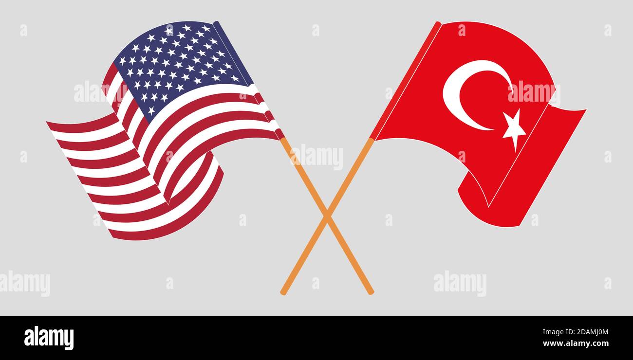 Crossed and waving flags of Turkey and the USA. Vector illustration ...